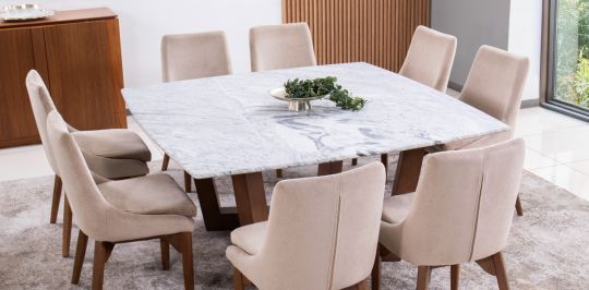 Comedor de Granito 160 x 160 cm Huxley Nogal y 8 Sillas Allegra
